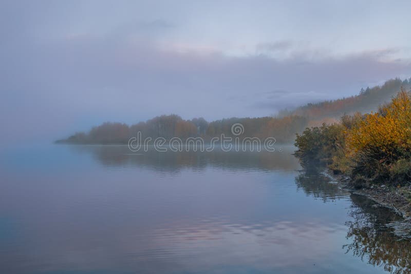 Sunrise Reflection on Morning Mist Lake Stock Image - Image of tree ...