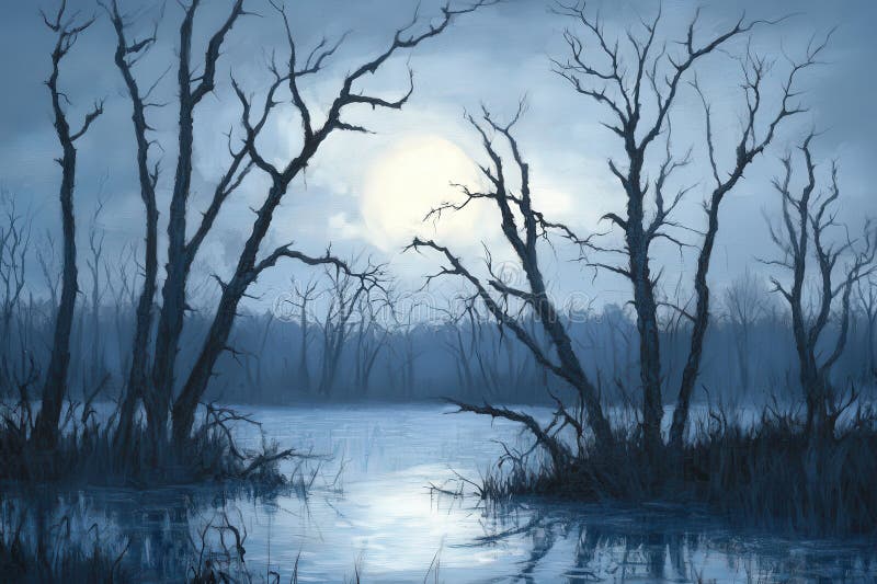 Foggy Swamp with Bare Trees Under Glowing Moonlight Stock Photo - Image ...
