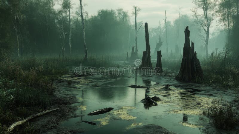 Foggy Swamp with Dead Tree Trunks Stock Photo - Image of gnarled ...