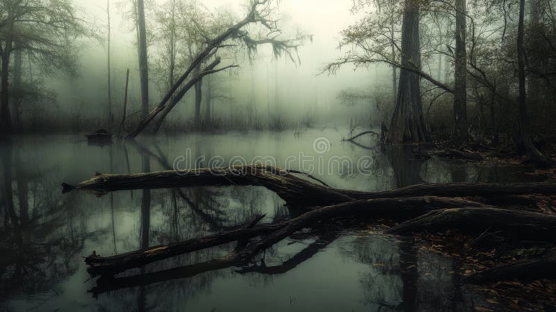 Foggy Swamp Landscape with Eerie Reflections and Fallen Trees in Still ...