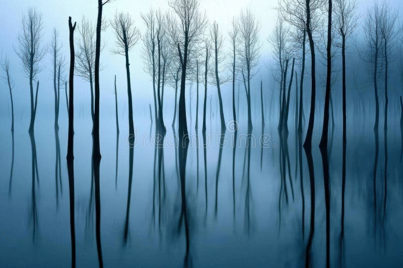 Foggy Swamp Scene Featuring Trees Reflected in the Water. Stock Photo ...