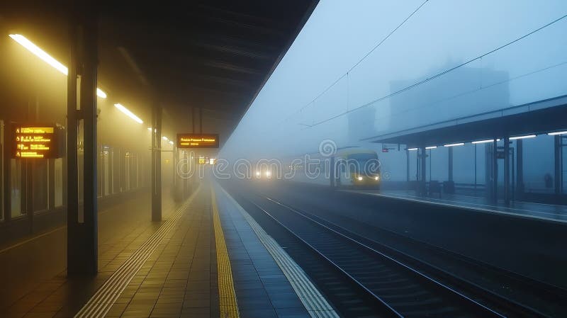 A Foggy Train Station Scene with a Train Approaching, Illuminated by ...