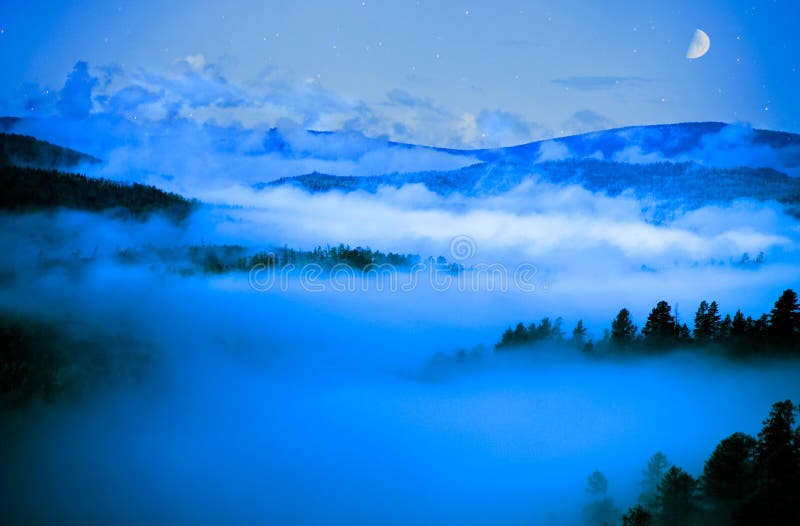 Foggy Valley Under Moon Sky Stock Image - Image of taiga, valley: 12412693