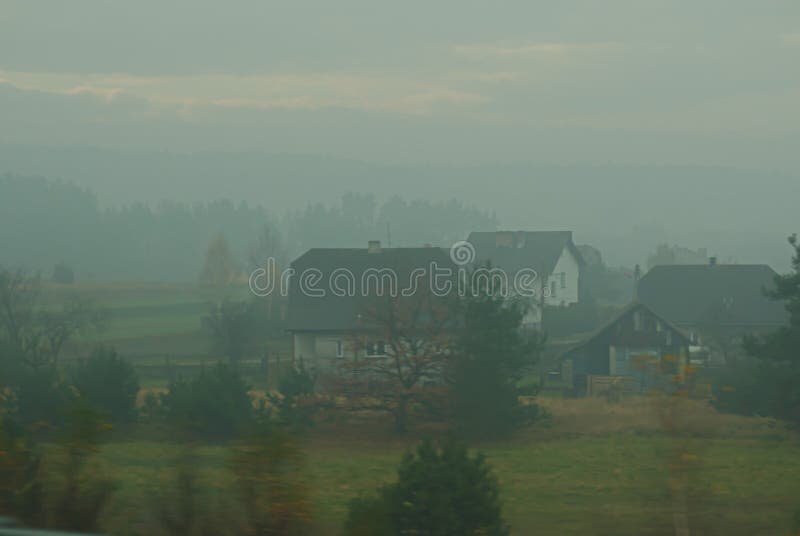 Foggy View of a Rural Small Town and Fields Stock Photo - Image of ...