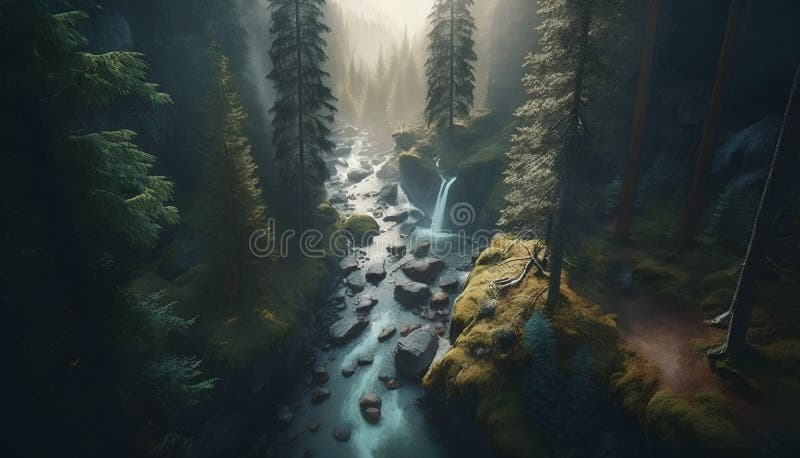 Foggy Waterfall in the Mountains, 3d Digitally Rendered Illustration ...