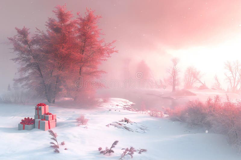 Foggy Winter Landscape with Gift Boxes and Trees Stock Illustration ...
