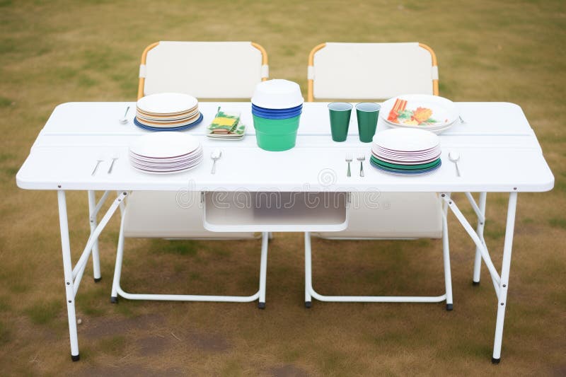 A Fold-out Camping Table Set with Plates and Cups Stock Image - Image ...