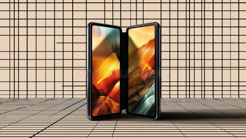 Foldable Dual-Screen Smartphone Displayed on a Tech Grid Background ...