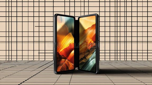 Foldable Dual-Screen Smartphone Displayed on a Tech Grid Background ...