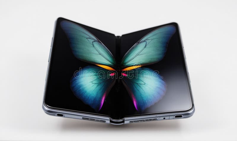 A Foldable Smartphone with a Butterfly on the Screen, Open and Laying ...