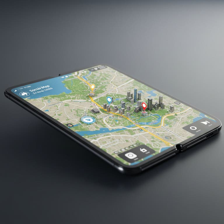 A Foldable Smartphone Displaying a 3D Map Interface with Cityscape ...