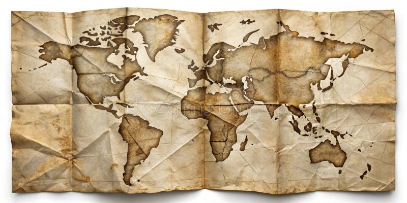 A Folded Antique World Map on Aged Paper Showing Continents and Oceans ...