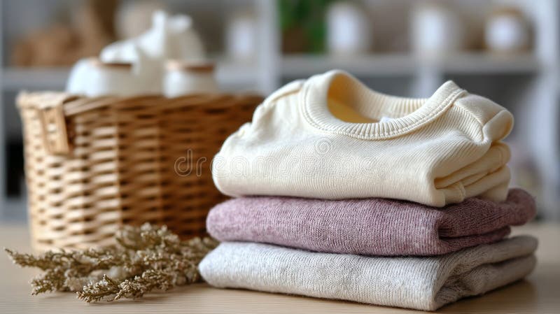 Folded Baby Clothes with Basket in Cozy Nursery Setting. Stock Photo ...