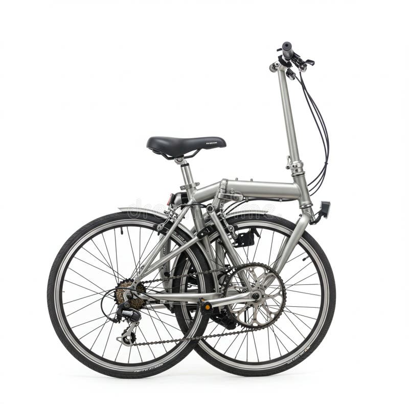 A Folded Bicycle with a Metallic Frame and Black Components, Including ...