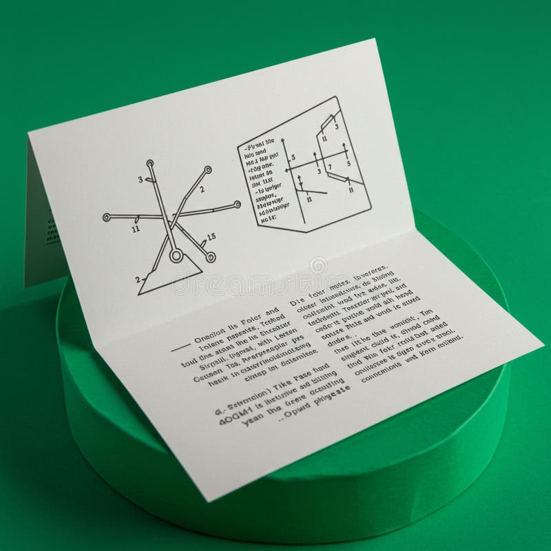 Folded Card on a Circular Green Stand with Technical Diagrams and Text ...