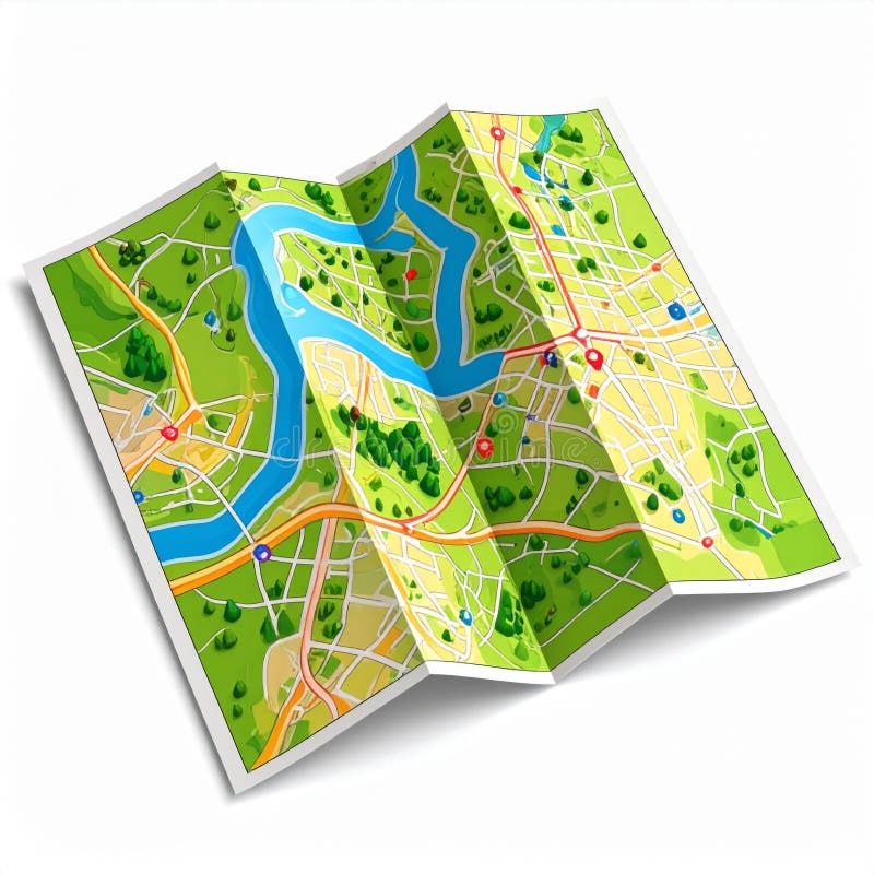 Folded City Map with River and Green Spaces Stock Illustration ...