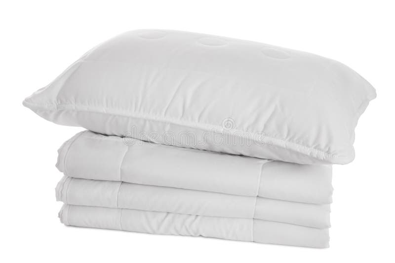 Folded Clean Blanket and Pillow on White Stock Image - Image of care ...