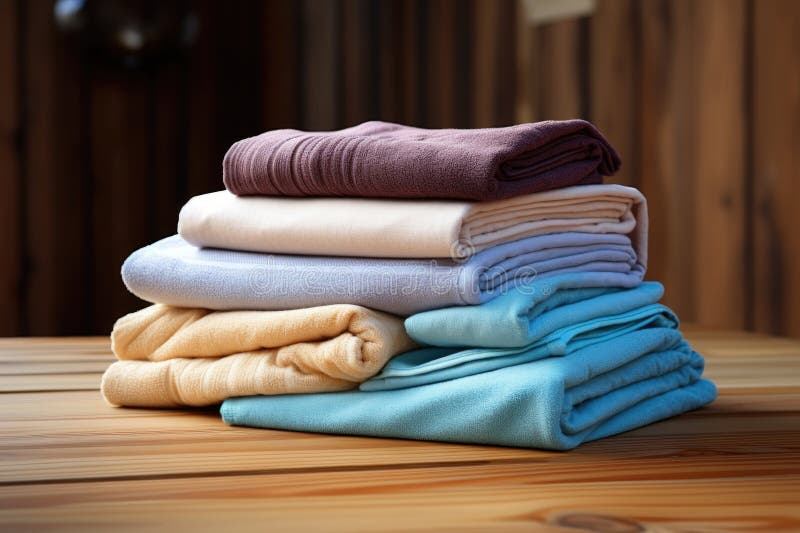 Folded Clean Towels on Wooden Surface Stock Illustration - Illustration ...
