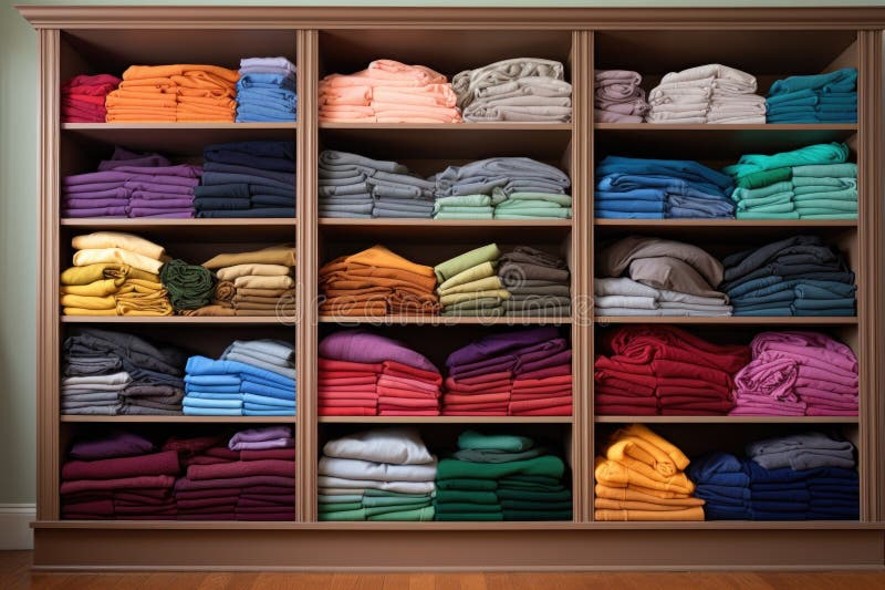 Folded Clothes Organized by Color on Shelves Stock Illustration ...