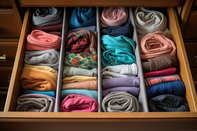 Folded Clothes in Organized Drawers with Dividers Stock Image - Image ...