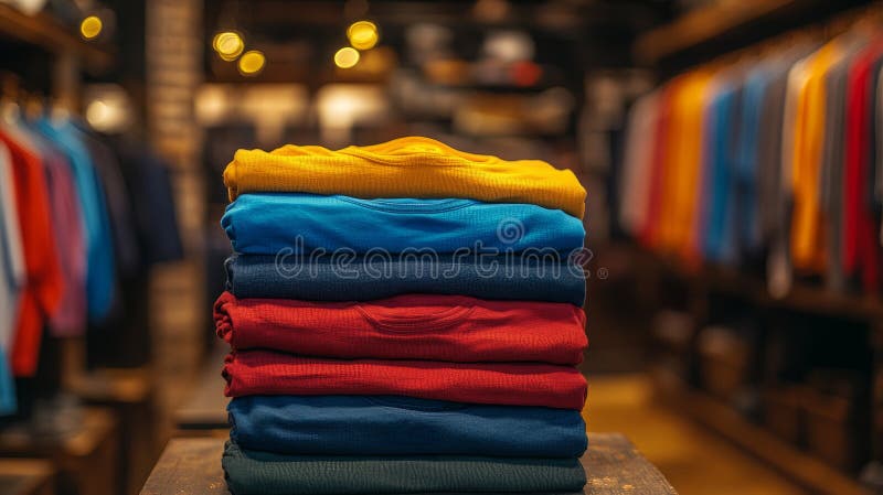 Folded Colorful Shirts Stacked in a Retail Clothing Store. Stock Image ...