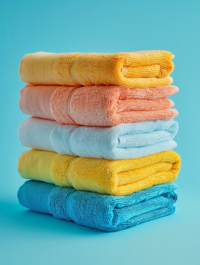 Folded Colorful Towels Stacked Against Light Blue Background Stock ...