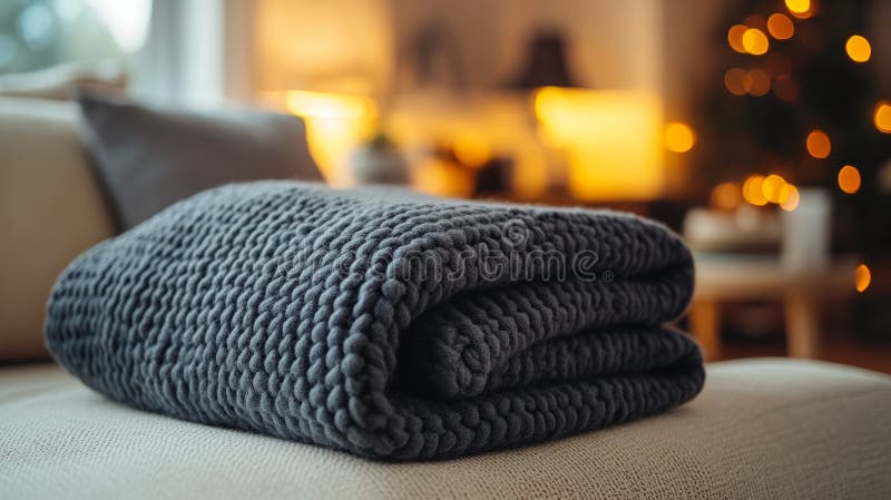 Folded Cozy Knit Blanket on a Couch, with Holiday Lights in Background ...