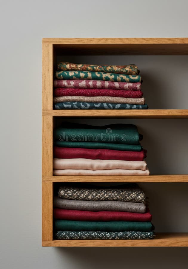 Folded Fabric Stacks on Wooden Shelf Stock Illustration - Illustration ...