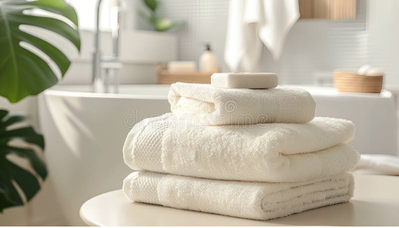 Folded Fresh Towels on Table in Bathroom. Space for Text Stock Image ...