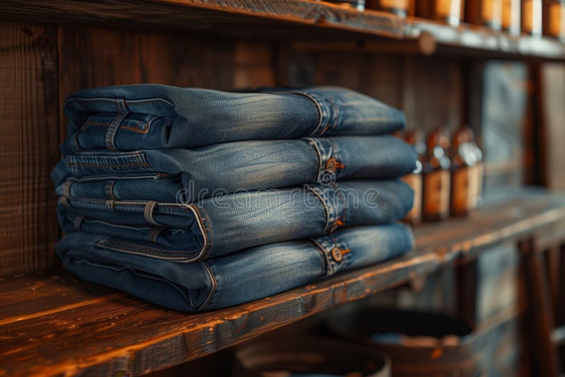 Folded Jeans on a Wooden Shelf in Store Stock Photo - Image of ...