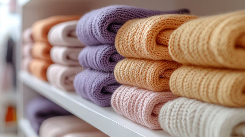 Folded Knit Sweaters in Pastel Colors on a White Shelf. Stock Photo ...