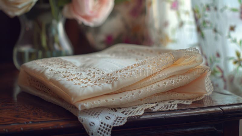 Folded Lace Fabric on a Wooden Table Stock Image - Image of white ...