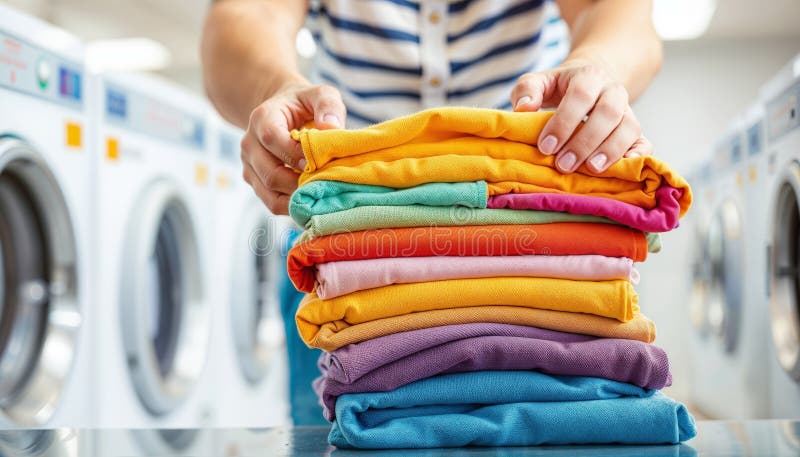 Neatly Folded Colorful Clothes in a Self-Service Laundromat, Generative Ai Stock Illustration ...