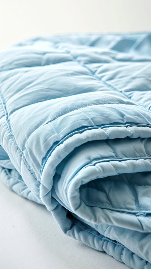 Folded Light Blue Quilt on White Surface, Close-up Shot Stock Photo ...