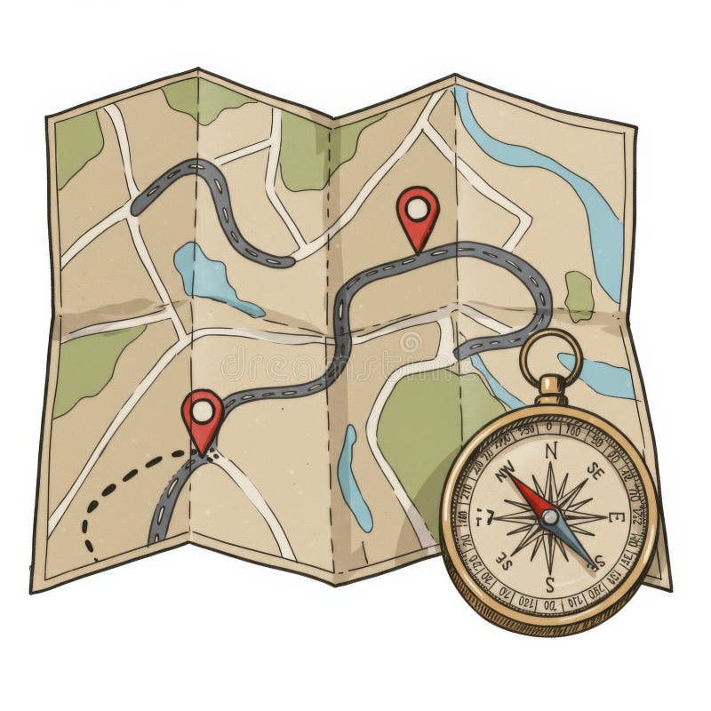 Folded Map with Compass and Route: Travel Adventure Planning Stock ...