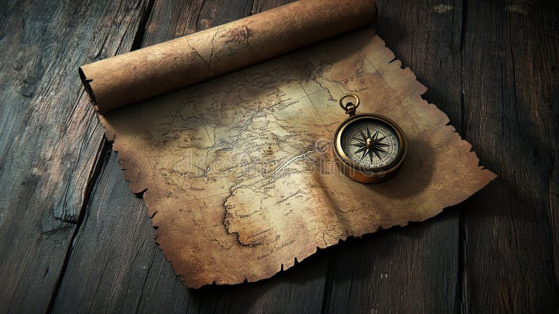 Folded Map and Compass with Trail Marker. Stock Image - Image of grunge ...