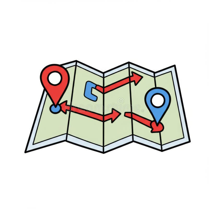Folded Map with Red and Blue Location Pins and Route Stock Illustration ...