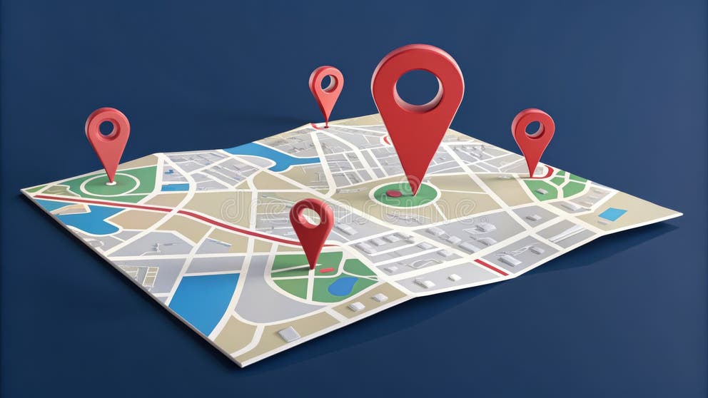 Folded Map with Red Location Pins 3D Render, Navigation Concept, GPS, City Map GPS, Navigation ...