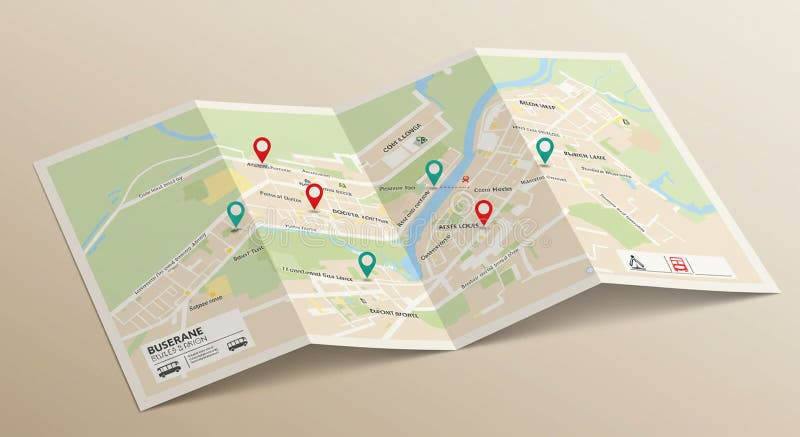 A Folded Map Shows a Fictional Layout with Markers Indicating Different ...