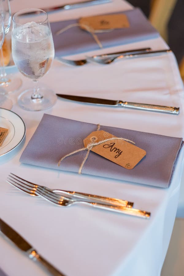 Folded Napkins with Name Tags at Reception Stock Photo - Image of ...
