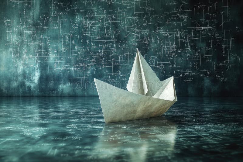 A Folded Paper Boat Drifts in a Reflective Environment Surrounded by ...