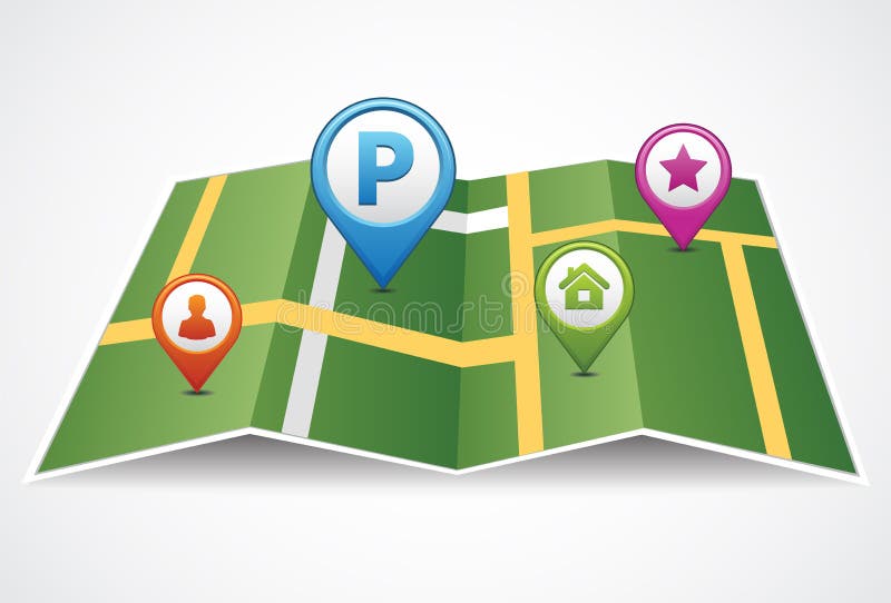 Folded Paper Map with Two Pointers Set on Route. GPS Location Stock ...