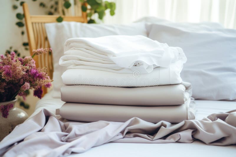 Folded Sheets Stack on Bed stock image. Image of laundry - 300316895