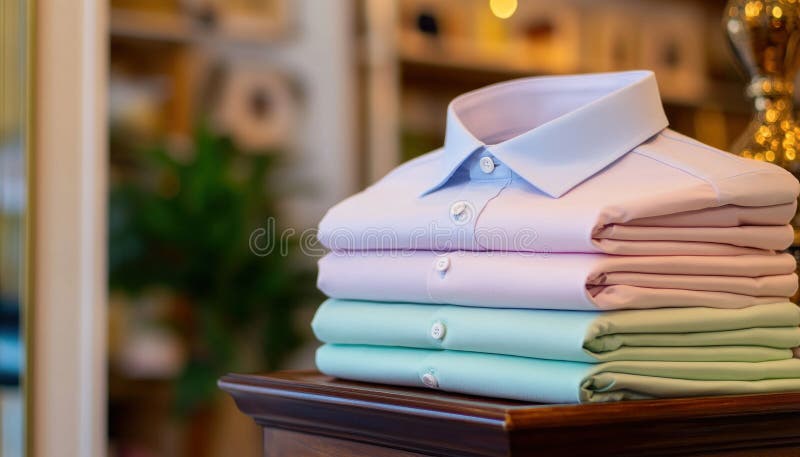 Stack of Pastel Shirts Sitting on Display in Clothing Store Stock Image ...