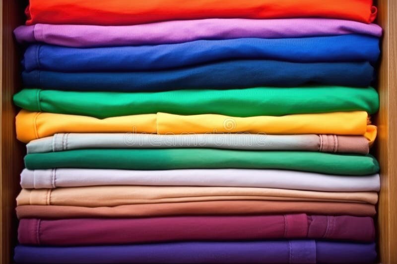 Folded Stack of Colorful T-shirts on a Shelf Stock Image - Image of ...