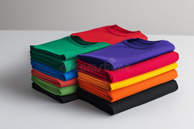 A Folded T-Shirt Stack on a Clean White Table Stock Illustration ...