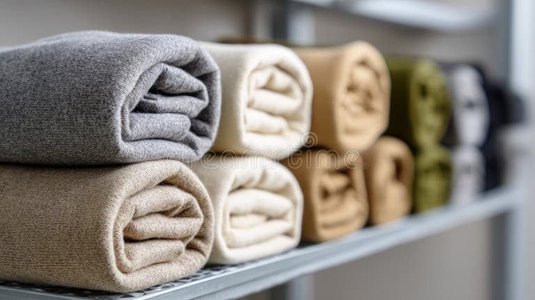 Folded Towels in Neutral Colors on a Shelf. Stock Photo - Image of ...