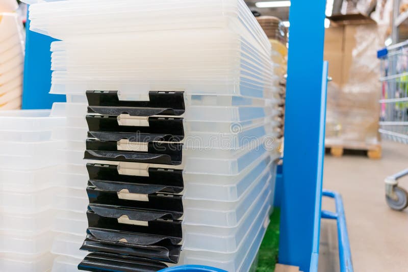 Folded Transparent Plastic Containers Boxes at Store Stock Image ...