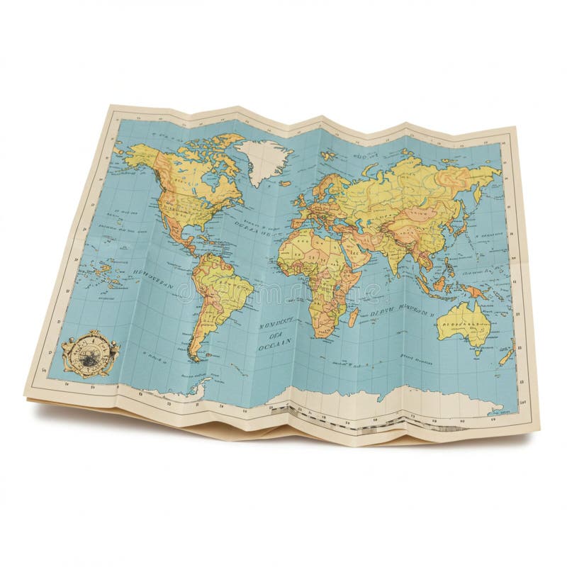 Folded Vintage World Map on White Background. Features Continents and ...