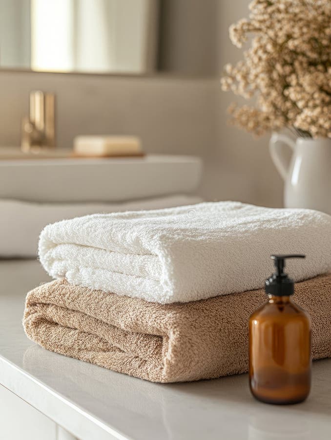Folded White and Beige Towels in a Modern Bathroom Setting. Stock Image ...